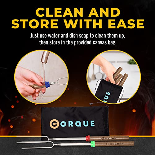 CORQUE Marshmallow Roasting Sticks, Smores Sticks, Extendable, Camping Skewer for Fire Pit, Wooden Handle, 32inch Metal for BBQ Hotdog, Cooking, Campfires, Bonfires, Set of 5