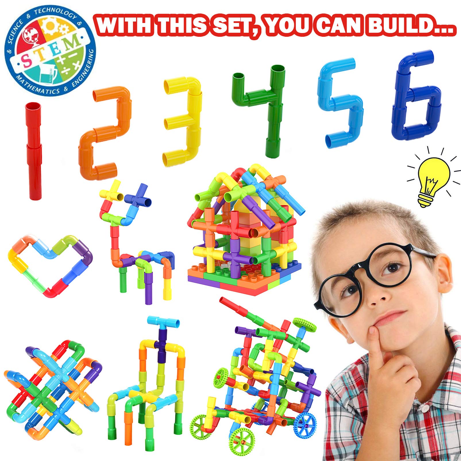 WishaLife 175 Pieces STEM Building Blocks Set, Kids Tube Locks Construction Set with Baseplate, Preschool Educational Pipe Toy Gift for Toddler Aged 3+