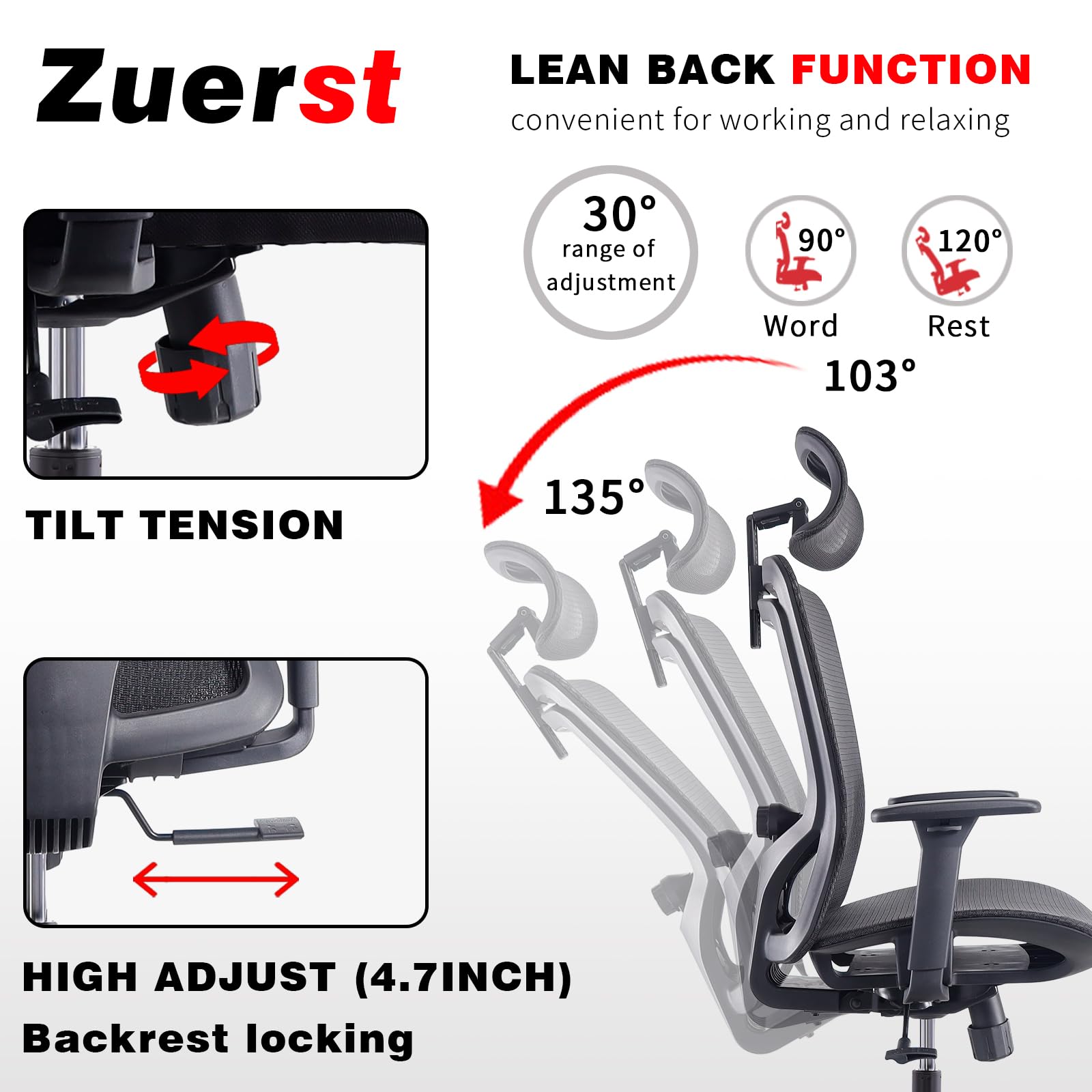 ZUERST Ergonomic Office Chair - Reclining Office Chair with Mesh Seat and Back, 5D Adiustable Headrest, 4D Lumbar Support, Armrest, Big and Tall Swivel Rocking Computer Desk Chairs for Home Office (Bl