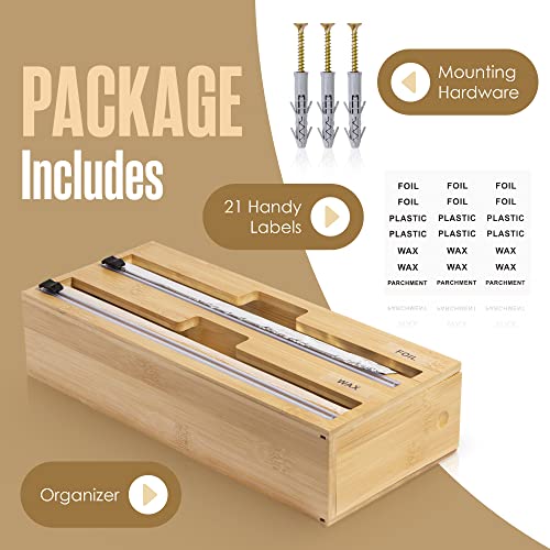 Plastic Wrap Dispenser with Cutter, Aluminum Foil Organizer, Two in One Roll Holder, 13.5"x5.75"x3", Wooden, Bamboo, Reusable, Saran Wrapper Dock, Wax Paper Dispensers for Kitchen Drawer | Houseables
