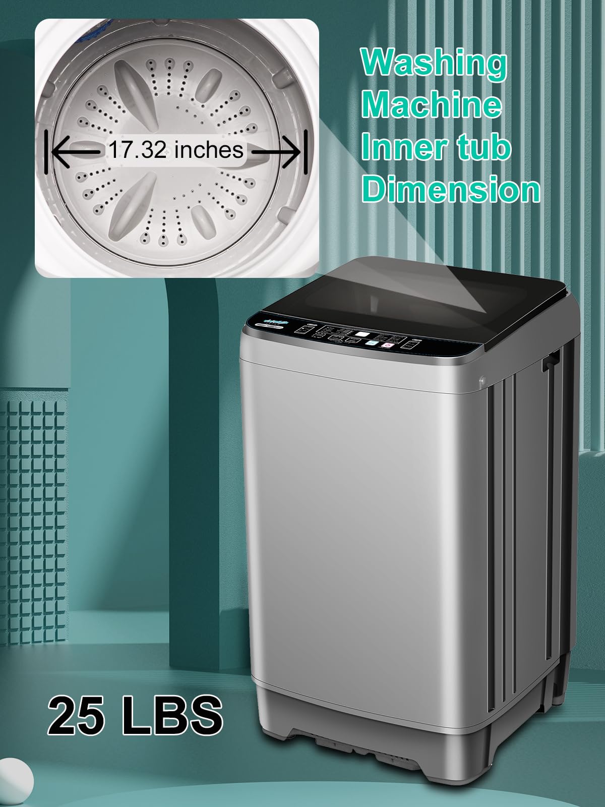 KRIB BLING Full Automatic Washing Machine with LED Display, 25 lbs Portable Washer Drain Pump, Come with a Glass Cover, 8 Programs & 8 Water Levels Selections, Ideal for Camping, Apartment, Dorm, Grey