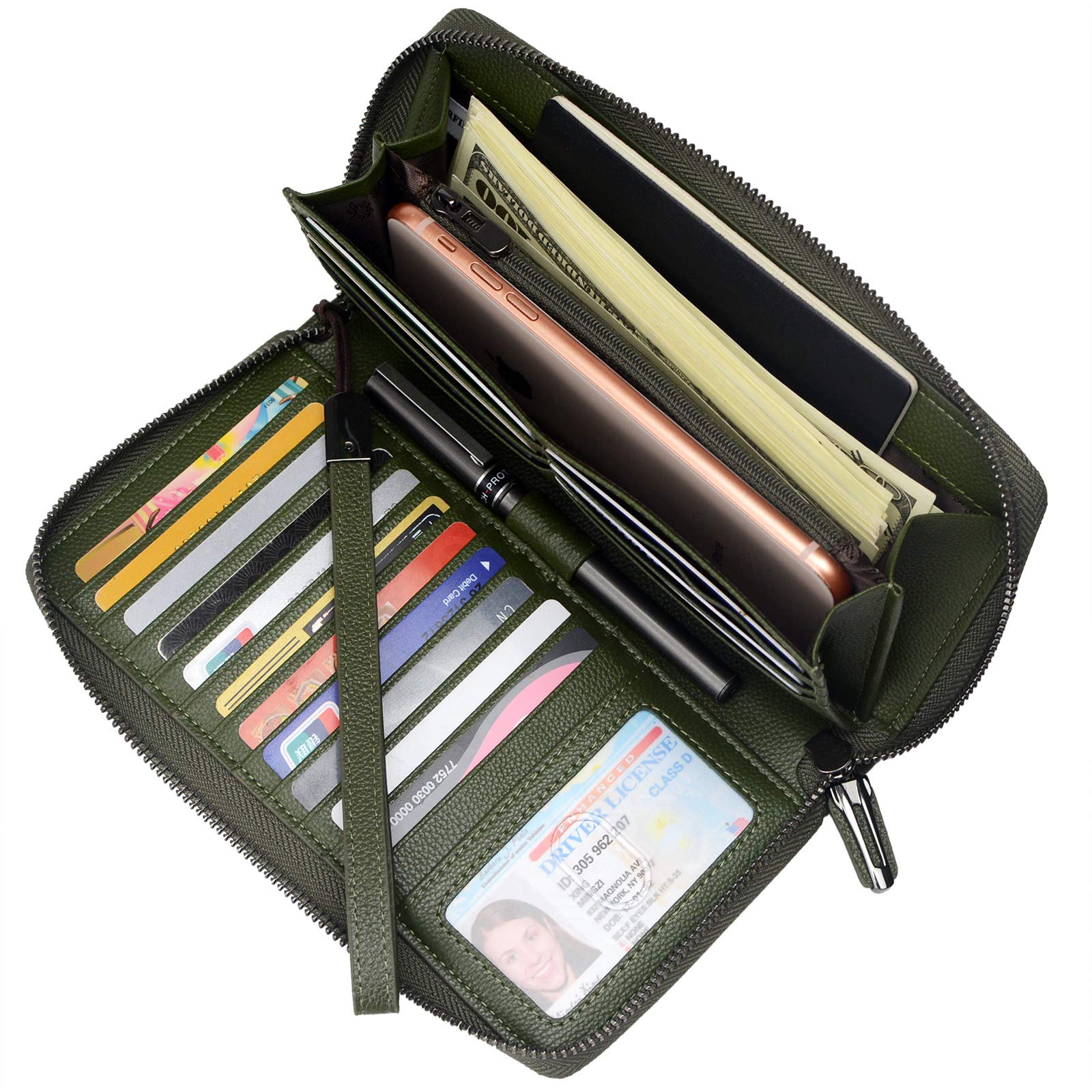 Bveyzi Women RFID Blocking Wallet Leather Zip Around Phone Clutch Large Capacity Ladies Travel Purse Wristlet (Olive Green)
