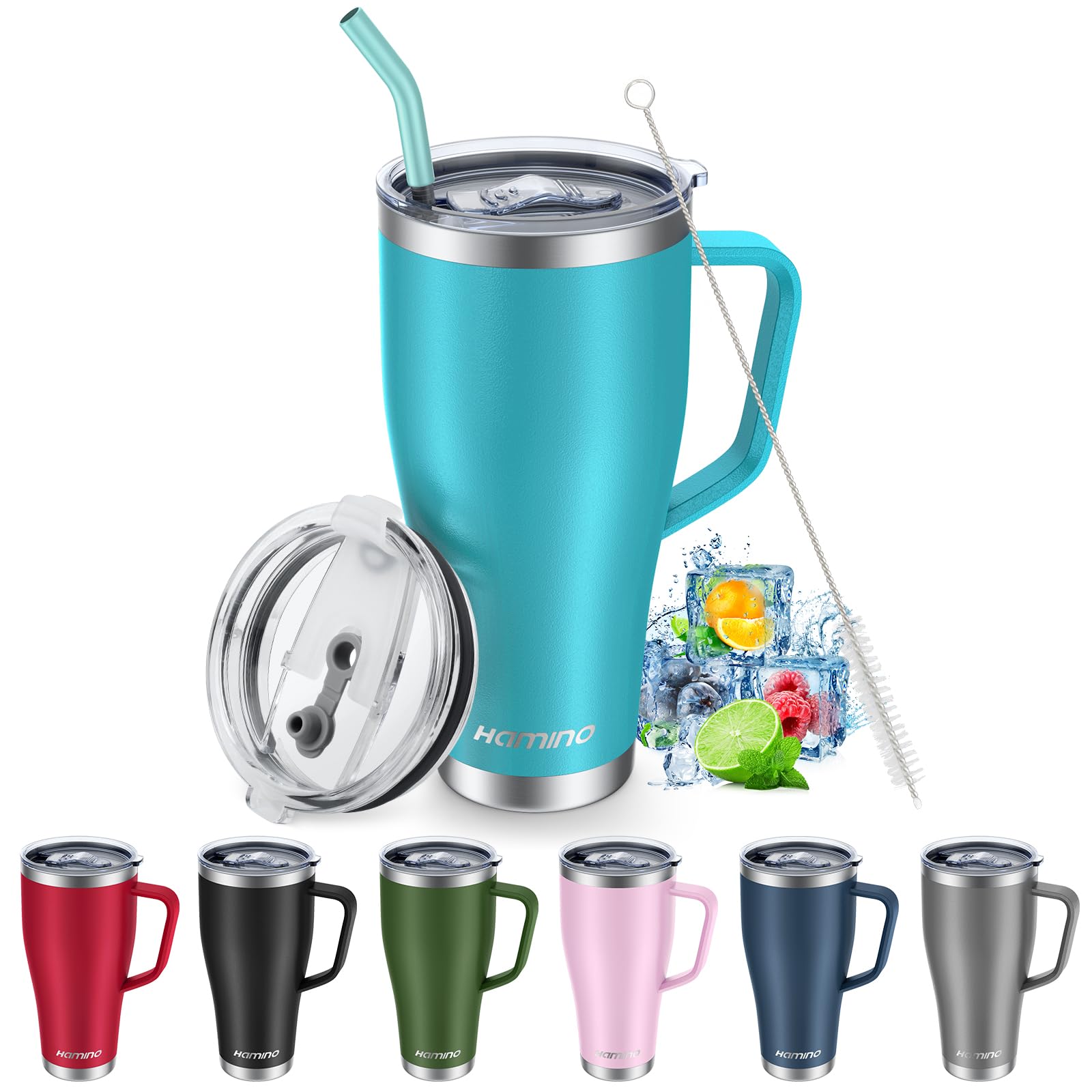 Hamino 30 oz Tumbler with Lid and Straw Handle, Double-Wall Vacuum Travel Coffee Mug with Handle, Stainless Steel Insulated Coffee Tumbler Mug Cup for Office Travel Car HOT COLD Drinks (Tiffany-Blue)