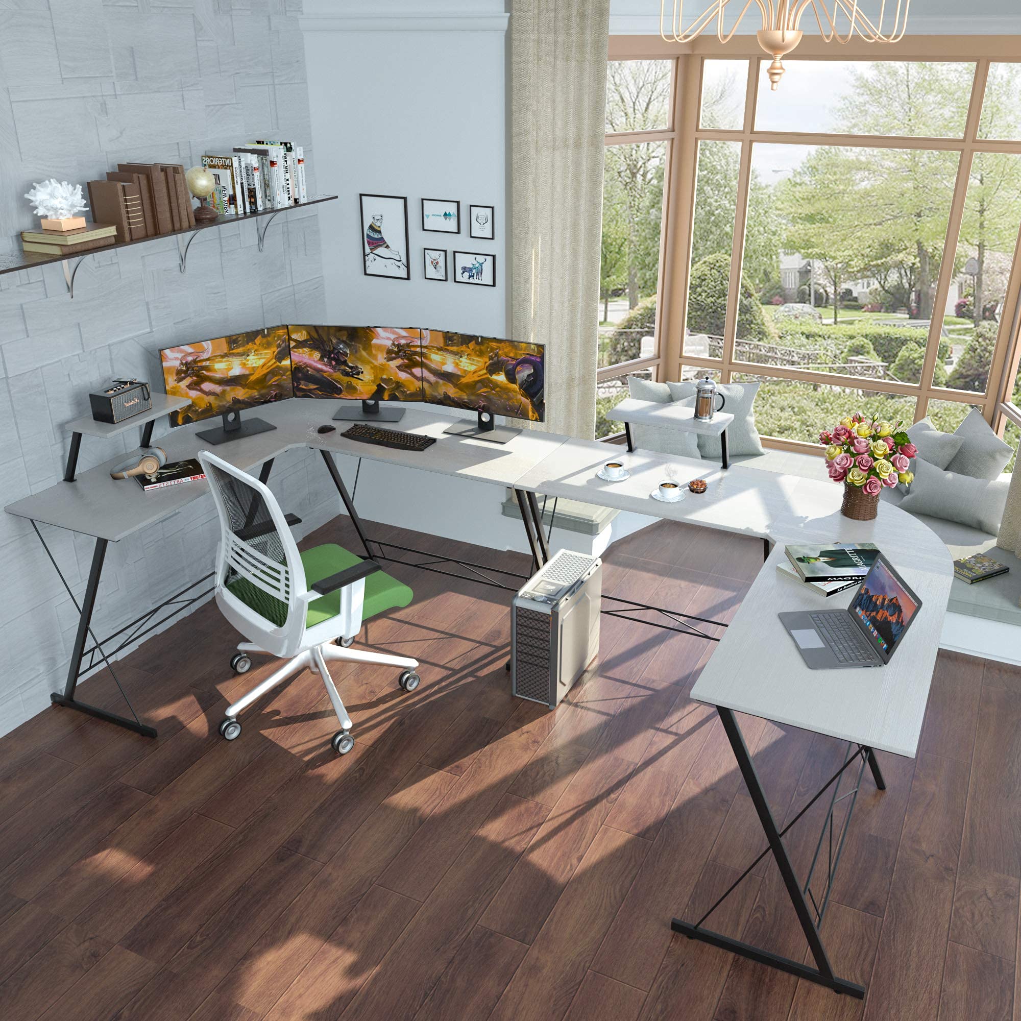 Casaottima L Shaped Gaming Desk, Home Office Desk with Round Corner, Computer Desk with Large Monitor Stand Desk Workstation
