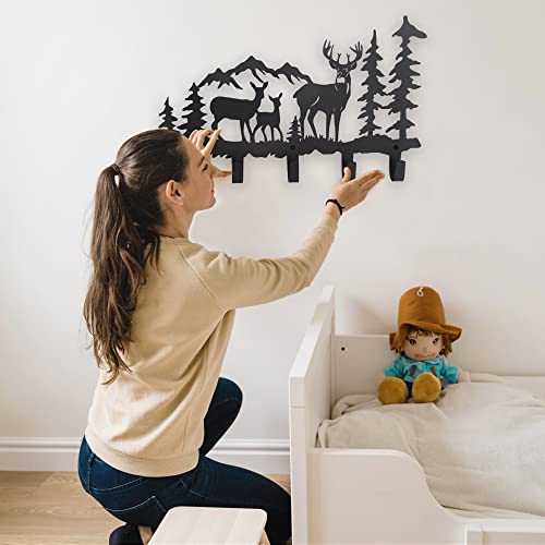 VIVICOMFY Metal Deer Coat Hooks Wall Art Decor-Deer Hangers and Key Holder-Clothes Hat Rack and Backpack Hanger-Animal Theme Hooks Sweet Home Decor for Storage, Living Room, Hallway, Office (Black)