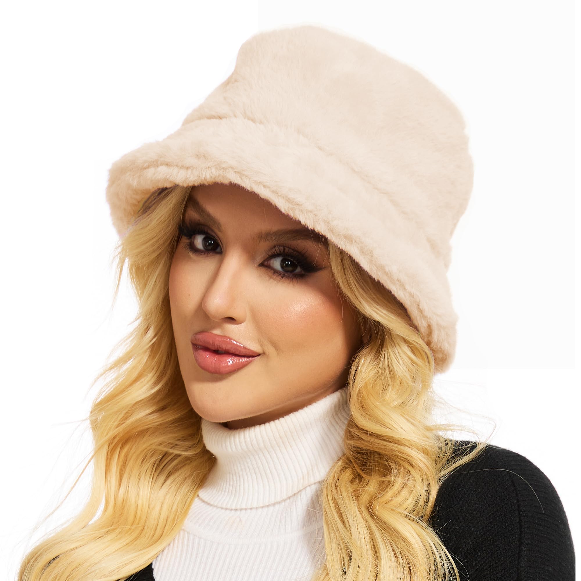 Sydbecs Winter Bucket Hat Fluffy Faux Fur Fisherman Cap for Women Men Solid Color Style(Beige)