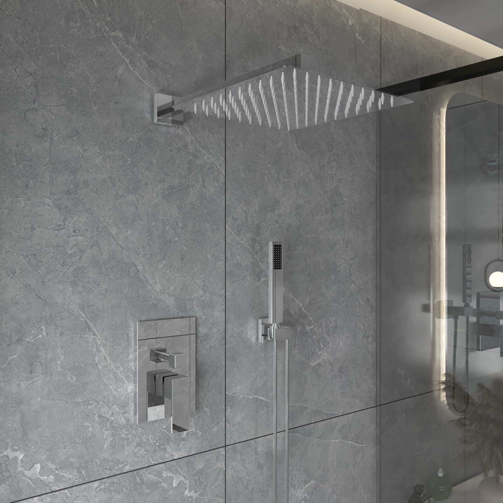 BWE 12 Inch Square Bathroom Luxury Rain Mixer Shower Combo Set Wall Mounted 2-Functions Rainfall Shower Head System Polished Chrome Shower Faucet Rough-in Valve Body and Trim Included