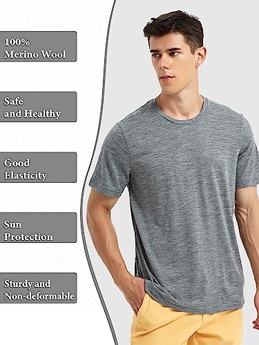 YUERD M&W 100% Merino Wool T-Shirt Mens Short Sleeve Merino Wool T Shirts for Men Grey