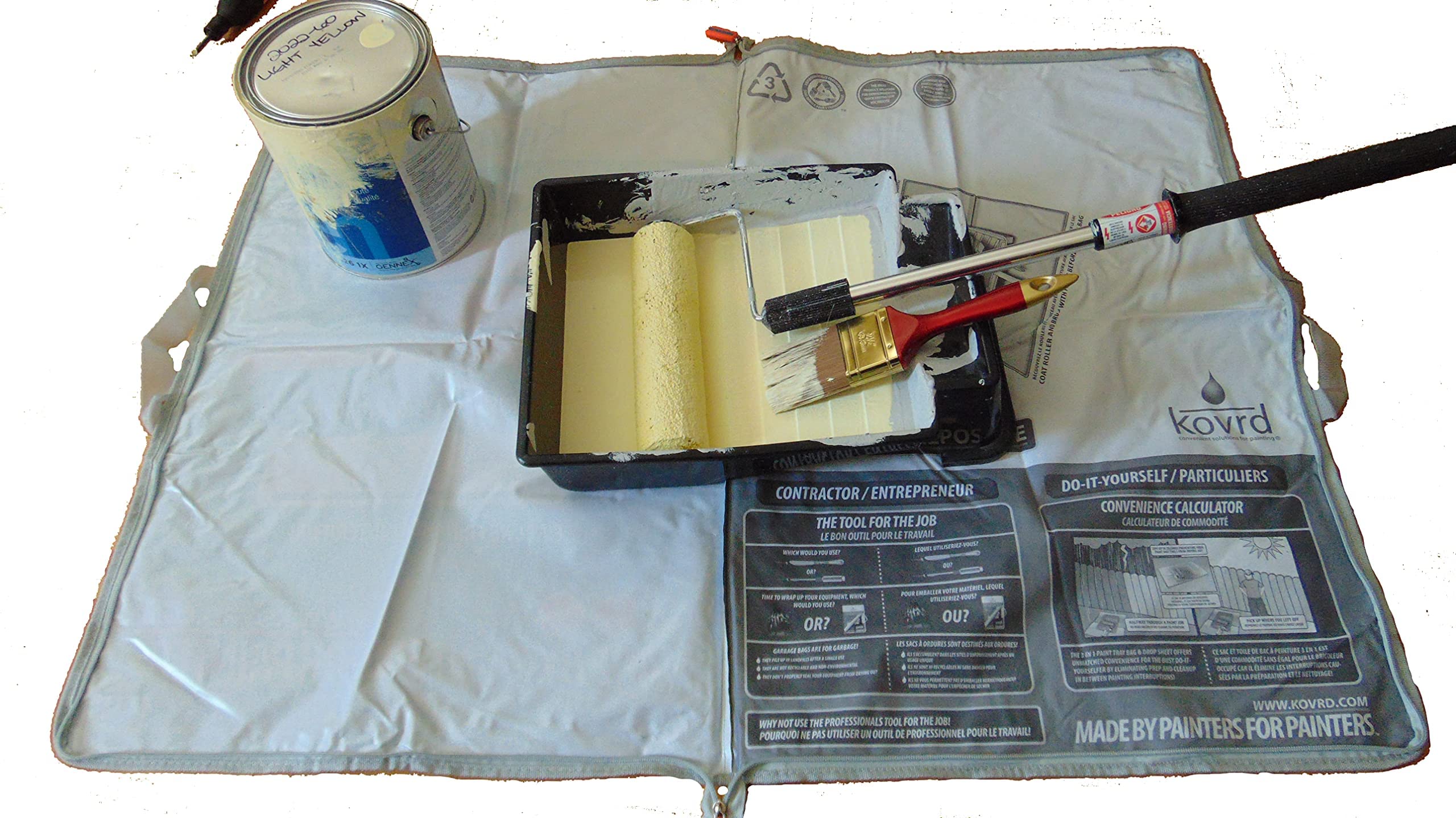 Kovrd 2-in-1 Reusable Paint Tray Storage Bag and 39” x 29” Drop Cloth, Keep Brushes Rollers and Paint Wet for Days, Fits 5-gal Bucket, Contractor Quality for Professional Interior and Exterior Jobs