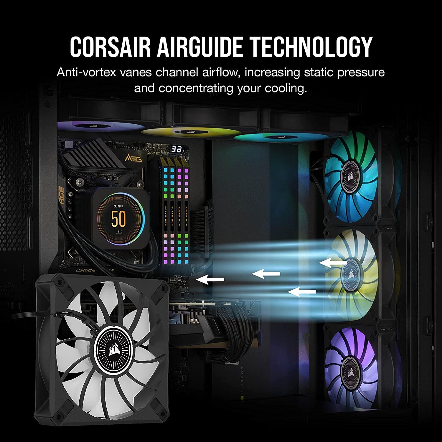 CORSAIR ML120 RGB ELITE, 120mm Magnetic Levitation RGB Fan with AirGuide, 3-Pack with Lighting Node CORE, Black For Radiator