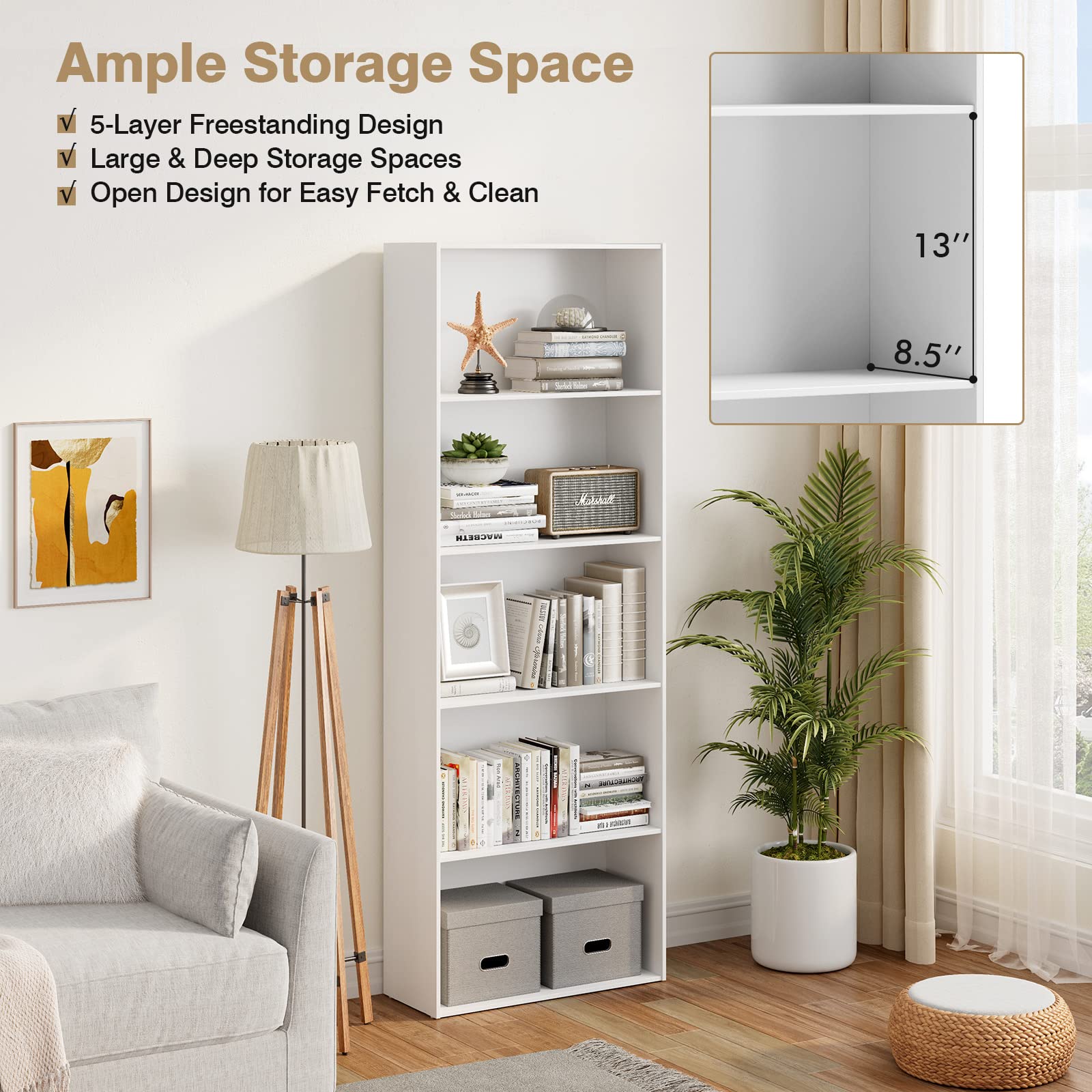 Casart Multi-Functional Wood Bookcase, 5-Shelf Storage Open Bookshelf for Home and Office