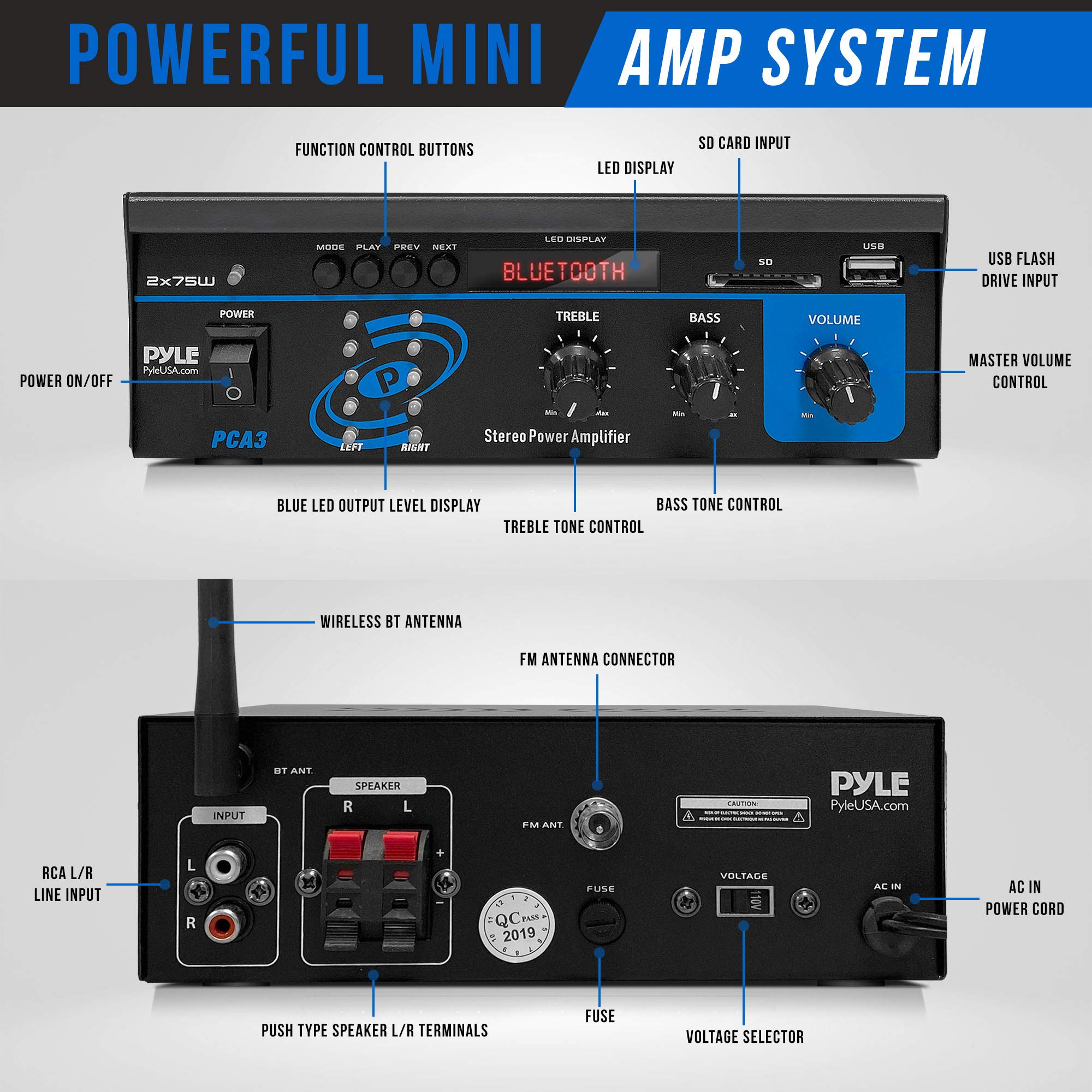 Pyle Home Home Audio Power Amplifier System - 2X75W Mini Dual Channel Sound Stereo Receiver Box w/ LED - For Amplified Speakers, CD Player, Theater via 3.5mm RCA - For Studio, Home Use - Pyle PCA3