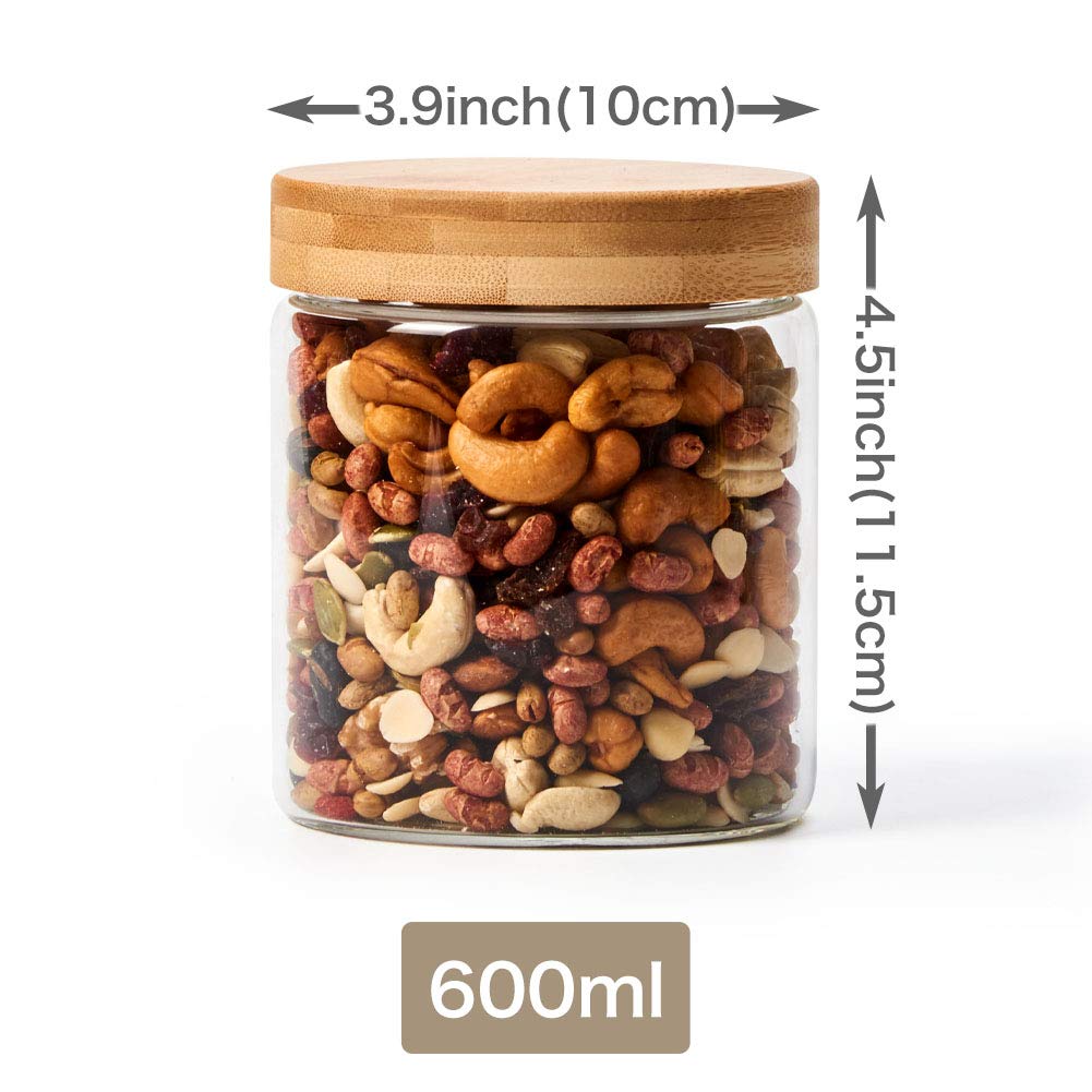 EZOWare Set of 4 Glass Food Jars with Airtight Natural Bamboo Lids, 20 fl oz Kitchen Clear Canister Storage Container Set for Storing Candy, Cookie, Rice, Sugar, Flour, Spices, Nuts, Coffee, Pasta