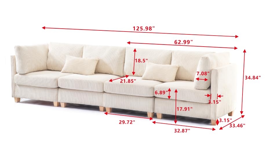 MYINDA L Shaped Convertible Modular Sectional Sofa with Movable Ottoman, Free Combination Corduroy Upholstered Corner Couch with Wooden Legs and Thicked Cushions for Living Room (Beige)