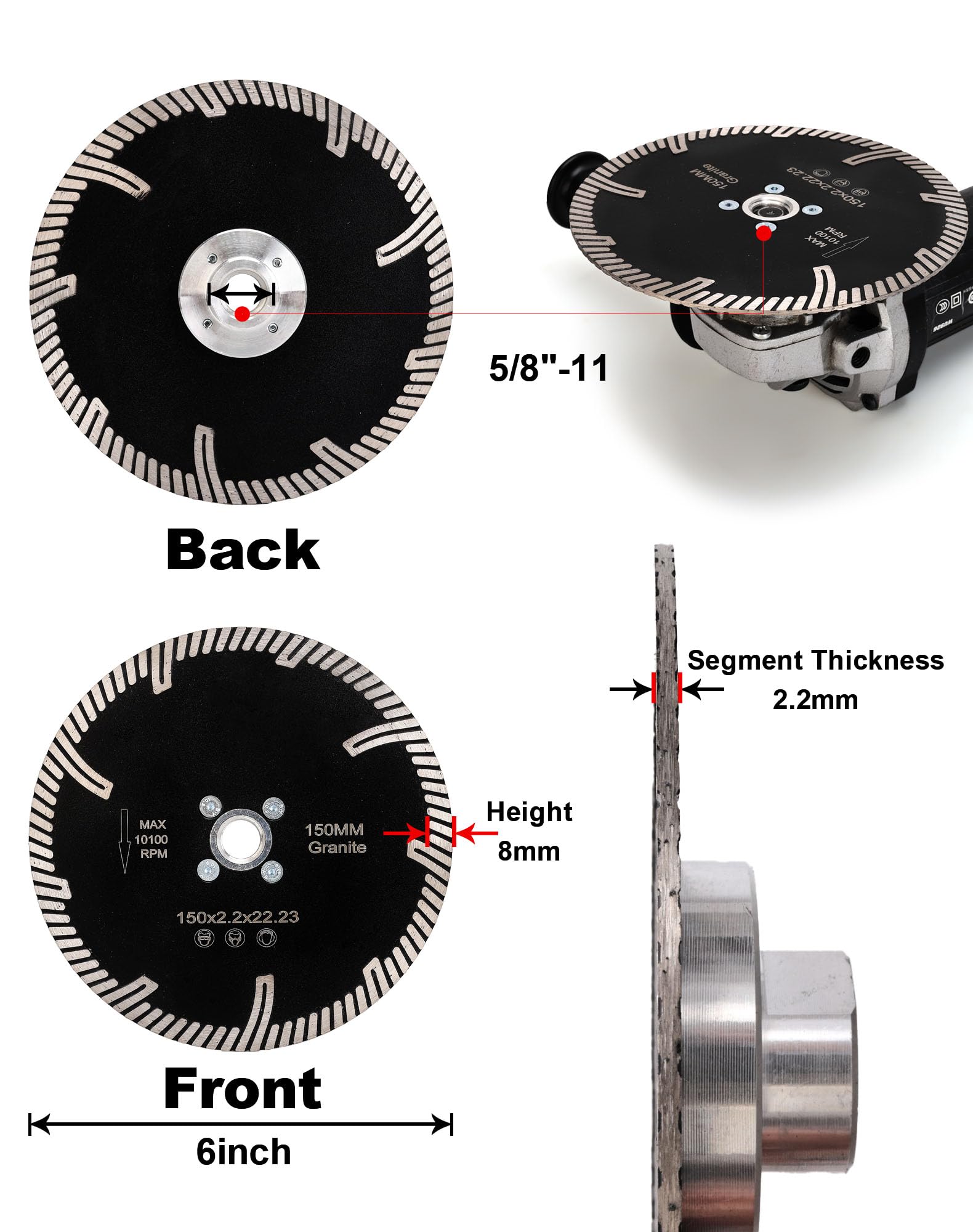Casaverde 6" Granite Blade,Turbo Diamond Blade with Removable 5/8-11 Thread Cuts for Granite,Marble,Engineered Stone and Ceramic Tiles