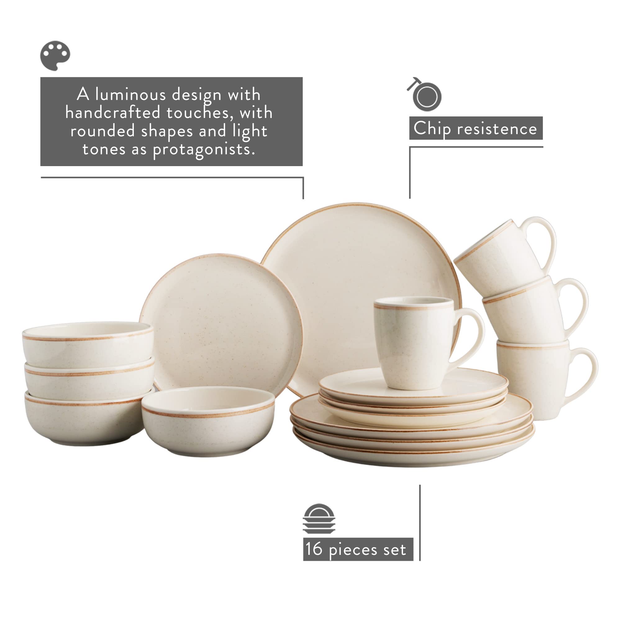 Corona Dinnerware Set 16-pieces Earthenware | Beige Caoba | Hand-Painted | Set de Vajilla 4 puestos | 16 piezas | Ceramica | Artisan Decor