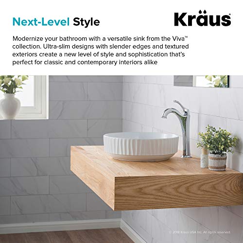 KRAUS Viva™ Round White Porcelain Ceramic Vessel Bathroom Sink with Pop-Up Drain, 15 3/4 in. D x 4 3/4 in. H, KCV-201GWH