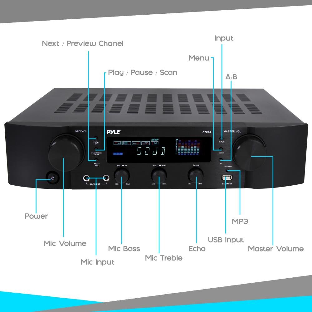 Pyle Updated Premium Pyle Stereo Preamplifier, Home Entertainment Receiver, Bluetooth Amp, RCA Audio Input, 2 Channel Amp, AM/FM Radio with LCD Display, MP3/USB/AUX, AC Power Cable PT395