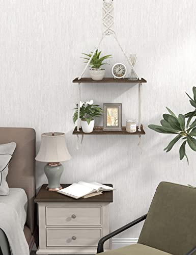 Sonefreiy Rustic Hanging Shelves 2 Tier White Rope Brown Wood Floating Shelf Window Plant Shelves for Bathroom Bedroom Living Room