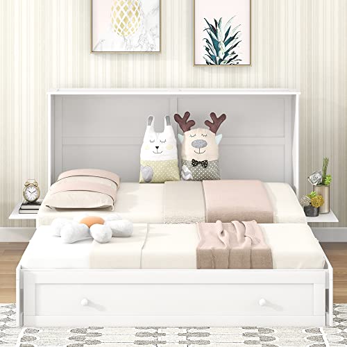 MOEO Queen Size Mobile Murphy Bed with Storage Drawer, Wood Bedframe w/Little Shelves on Each Side, Can Convert to Cabinet for Guest Room Home Office, White