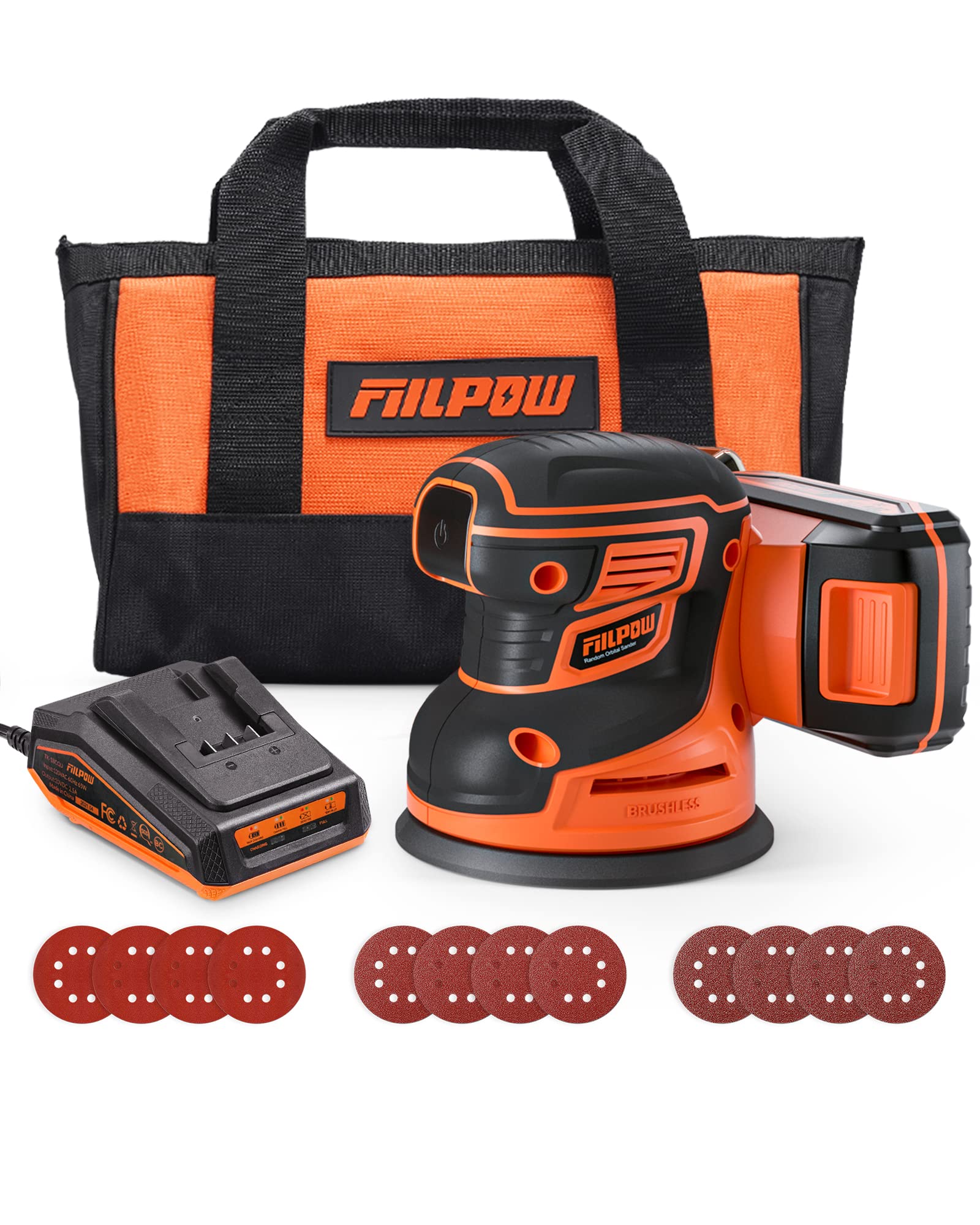 FIILPOW Cordless Random Orbital Sander, 20V Brushless Sander with 2.0Ah 20V Battery, Micro-filter Cyclonic Dust Box, 12 Sandpaper, Carrying Bag, Ideal Second Sander, More Efficient & Convenience