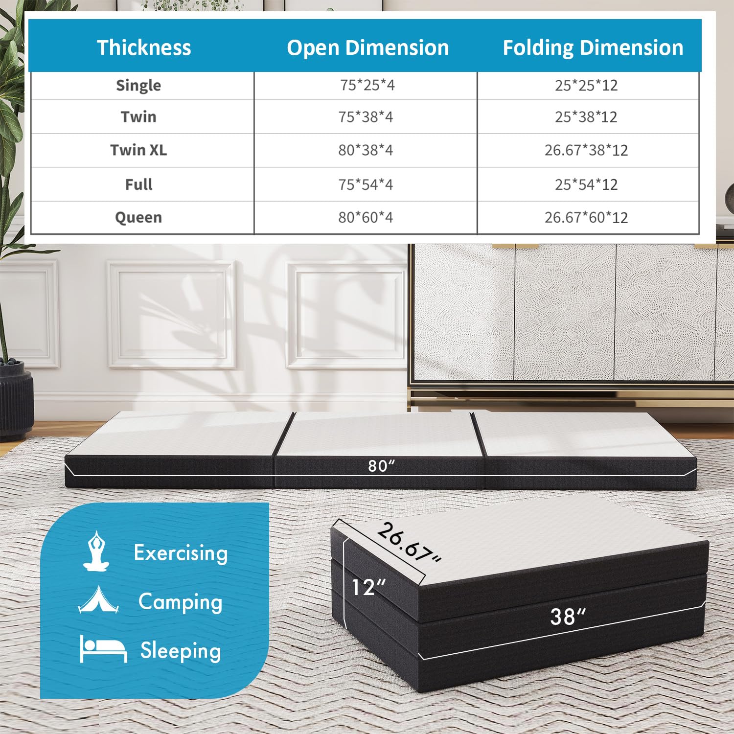 wOod-it Folding Mattress, 4 inch Tri-Fold Memory Foam Mattress Topper for Camping, Foldable Guest Bed, Portable Travel Mat with Washable Cover, 80"×38"×4", White