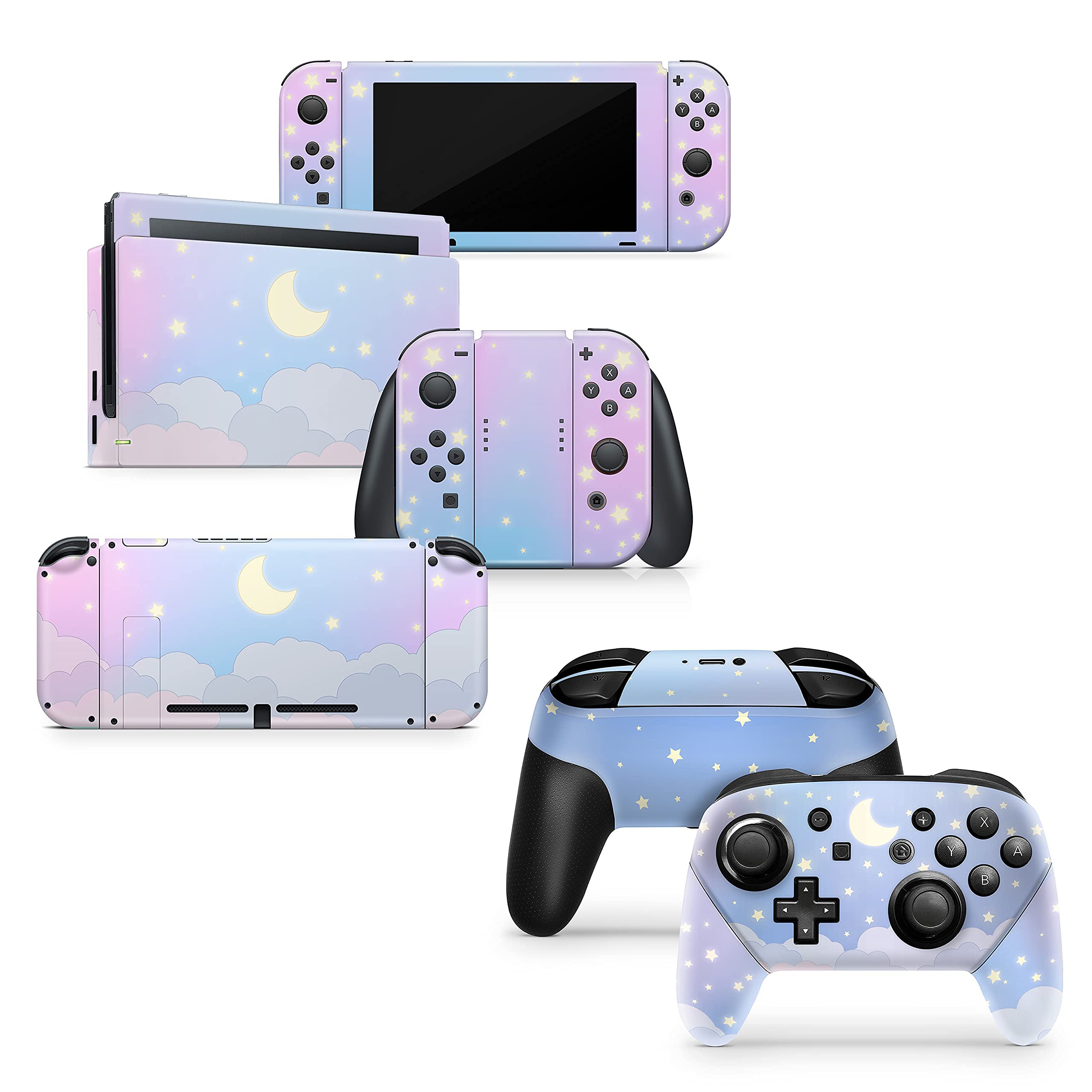 Tacky design Bundle Clouds Skin for Nintendo Switch & Clouds Skin for Pro Controller Set, Pastel Starry Blue Sky Vinyl 3m Stickers Moon Full wrap Cover