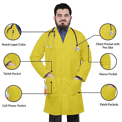 HEEDFIT Premium Quality Unisex Lab Coat, Comfortable Poly-Cotton Reusable & Professional Lab Coats Yellow L