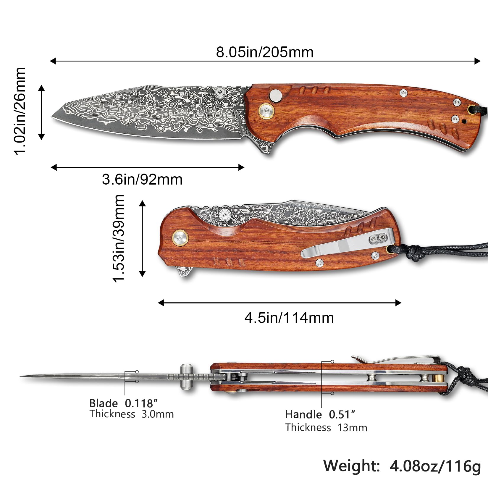 FORESAIL Button Lock Pocket Knife for EDC,Folding Knife, Thumb Stud & Flipper Opener, With leather sheath,Wood Handle with 3.6" Damascus Steel Blade for Outdoor, Camping, Hunting