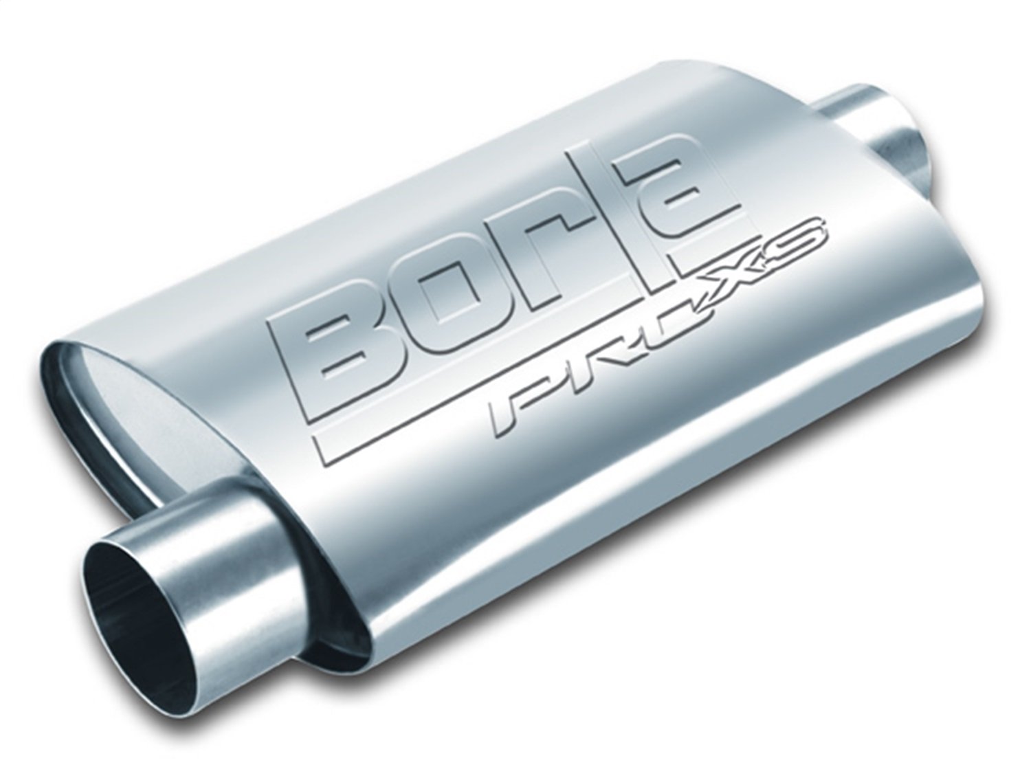 BORLA 40359 ProXS Universal Performance Muffler 3" Offset Inlet / 3" Center Outlet 14" Long body 19" Overall Length Un-Notched Necks Reversible Design T-304 Stainless Steel