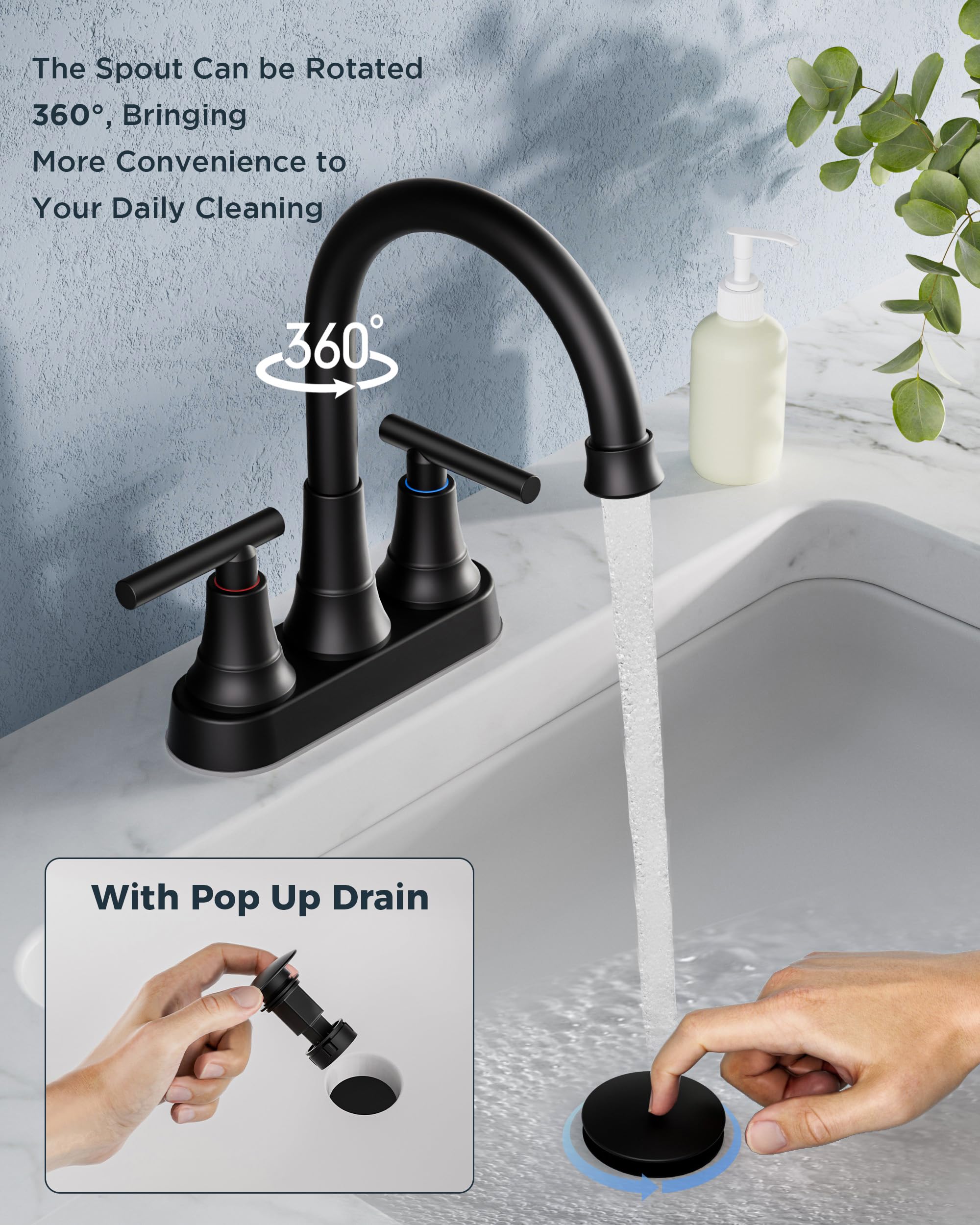 FORIOUS Matte Black Bathroom Faucets 3 Hole, Centerset Faucet for Bathroom Sink with Pop up Drain, Lead-Free Two Handles 4 Inch Bathroom Sink Faucet for Basin,Vanity, Farmhouse
