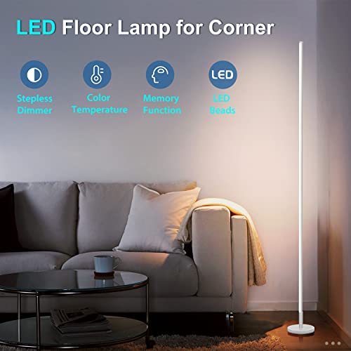DENGALA Modern Corner Floor Lamp - 3000K-6000K LED Standing Lamp - Minimalist Dimmable Floor Lamp with Remote Control for Living Room, Bedroom (White)