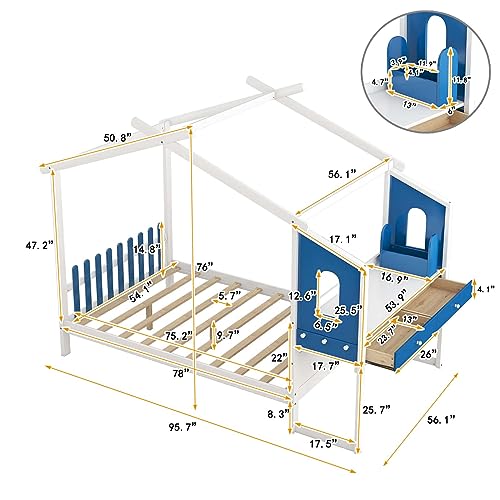 Heliosphere Full Size Platform Bed Frame with Built-in Desk and 2 Drawers, Storage Bed Frame with Separate Storage Pen Case, House Shaped Platform Bed, Solid Wood Bed Frame for Kids Teens Bedroom
