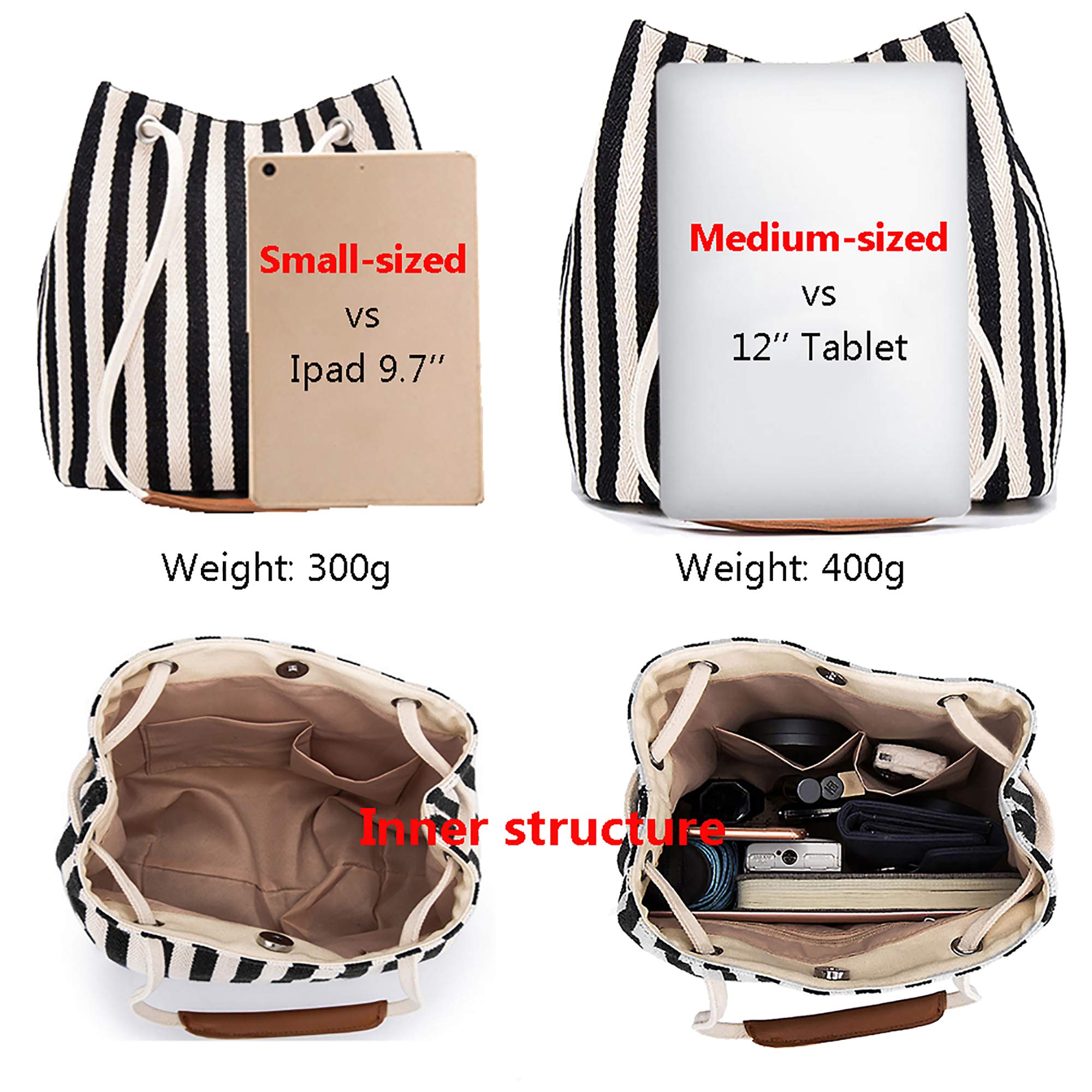 Bydenwely Women's Tote Bag Medium Canvas Shoulder Bag Daily Working Handbag with Concise Striped Pattern (Black)