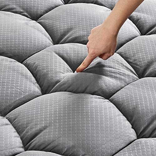 SONIVE Waterproof Mattress Pad Ultra Fluffy Soft Breathable Noiseless Quilted Fitted Mattress Protector Premuim Alternative Filling Topper Deep Pocket up to 21'' (Grey, Queen)