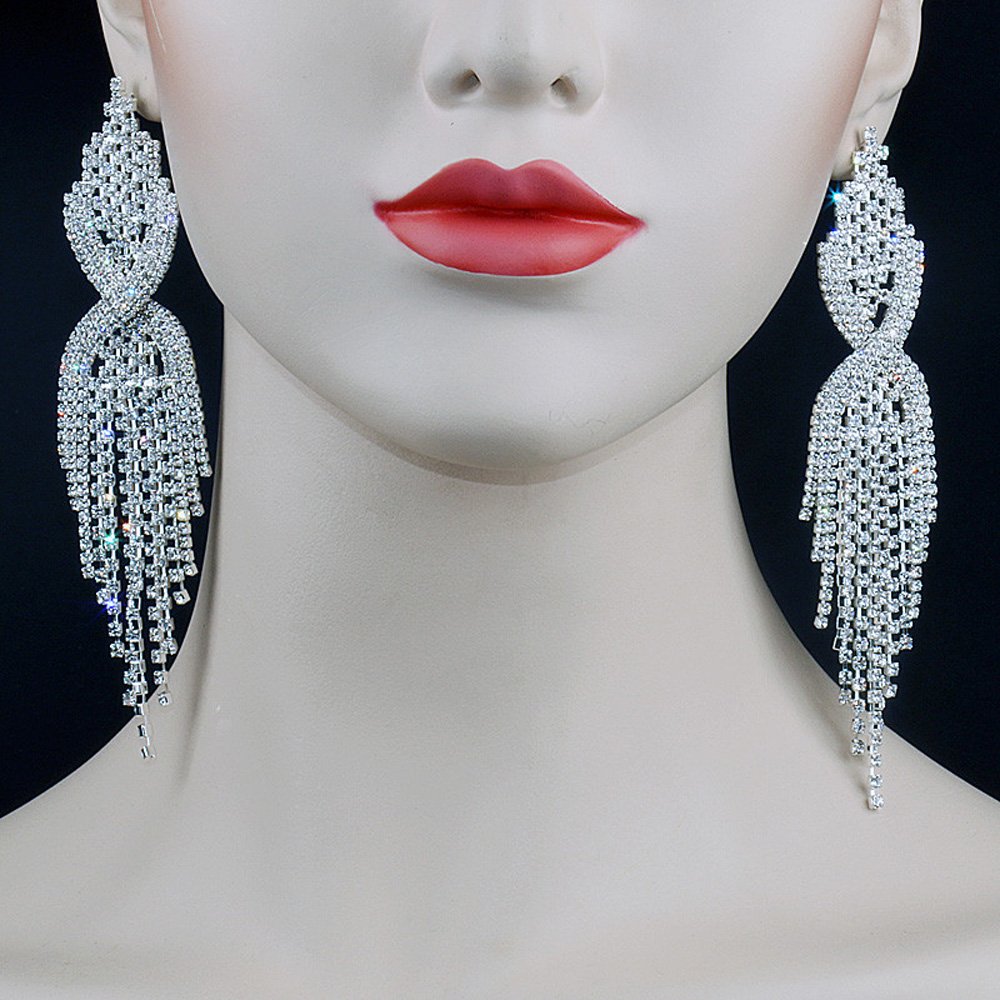 CHRAN Silver Rhinestone Long Tassels Dangle Chandelier Earrings Jewelry Size 3.5"