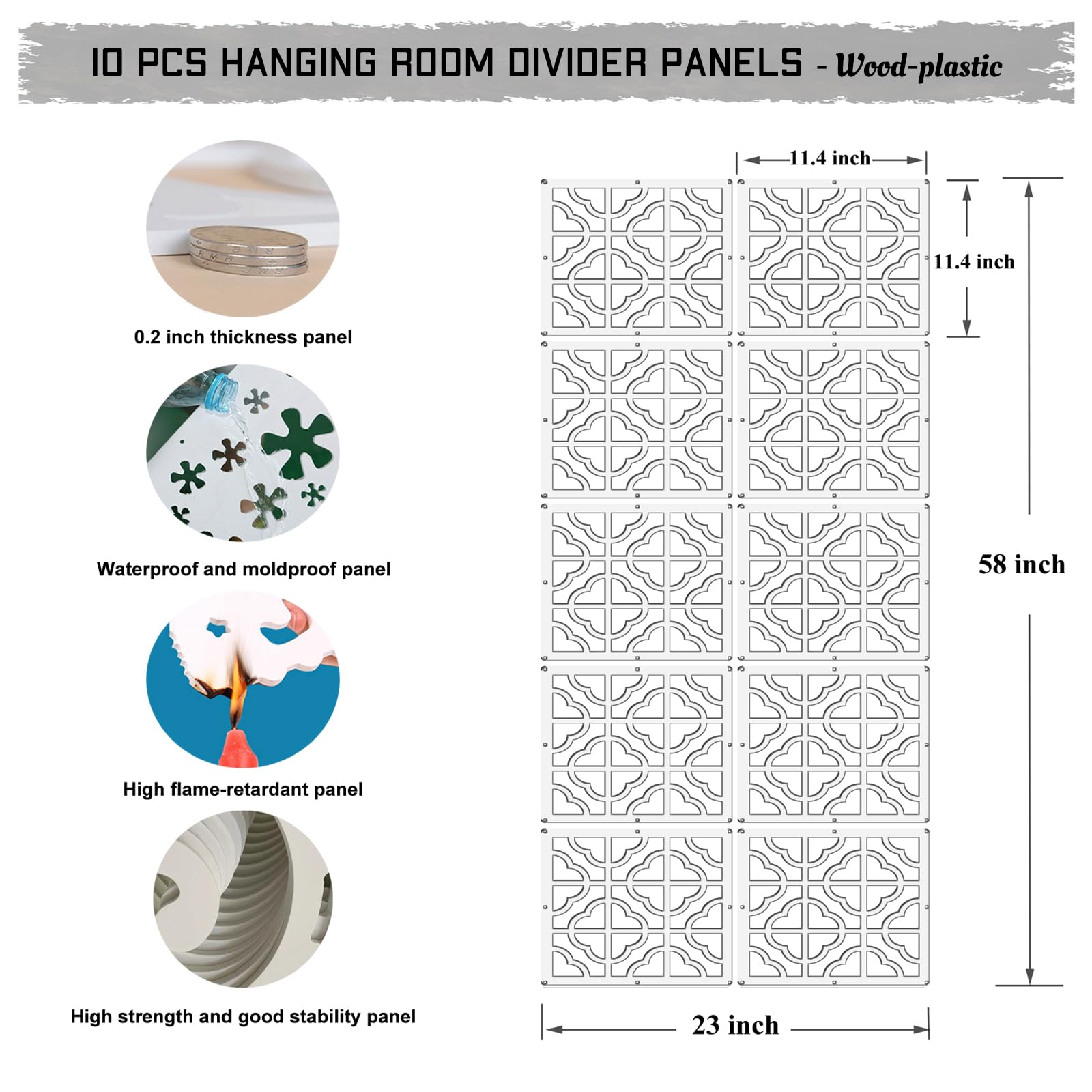 Hanging Room Divider - 10Pieces White Wood-Plastic Hanging Screen Panel DIY Wall Dividers Privacy Room Hotel Decoration (Mali)