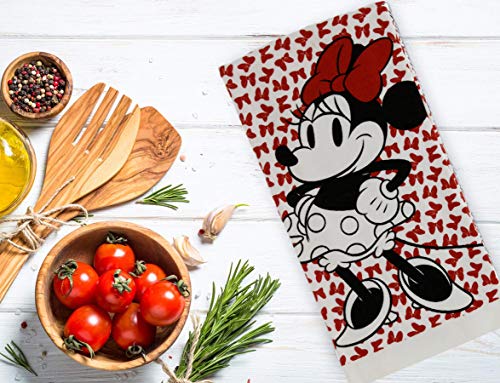 Disney 100% Cotton Kitchen Towels, 2pk, Perfect for Drying Dishes & Hands, Absorbent, Light Weight, and Adorable- Machine Washable- 16β x 26β - Minnie Red Bows