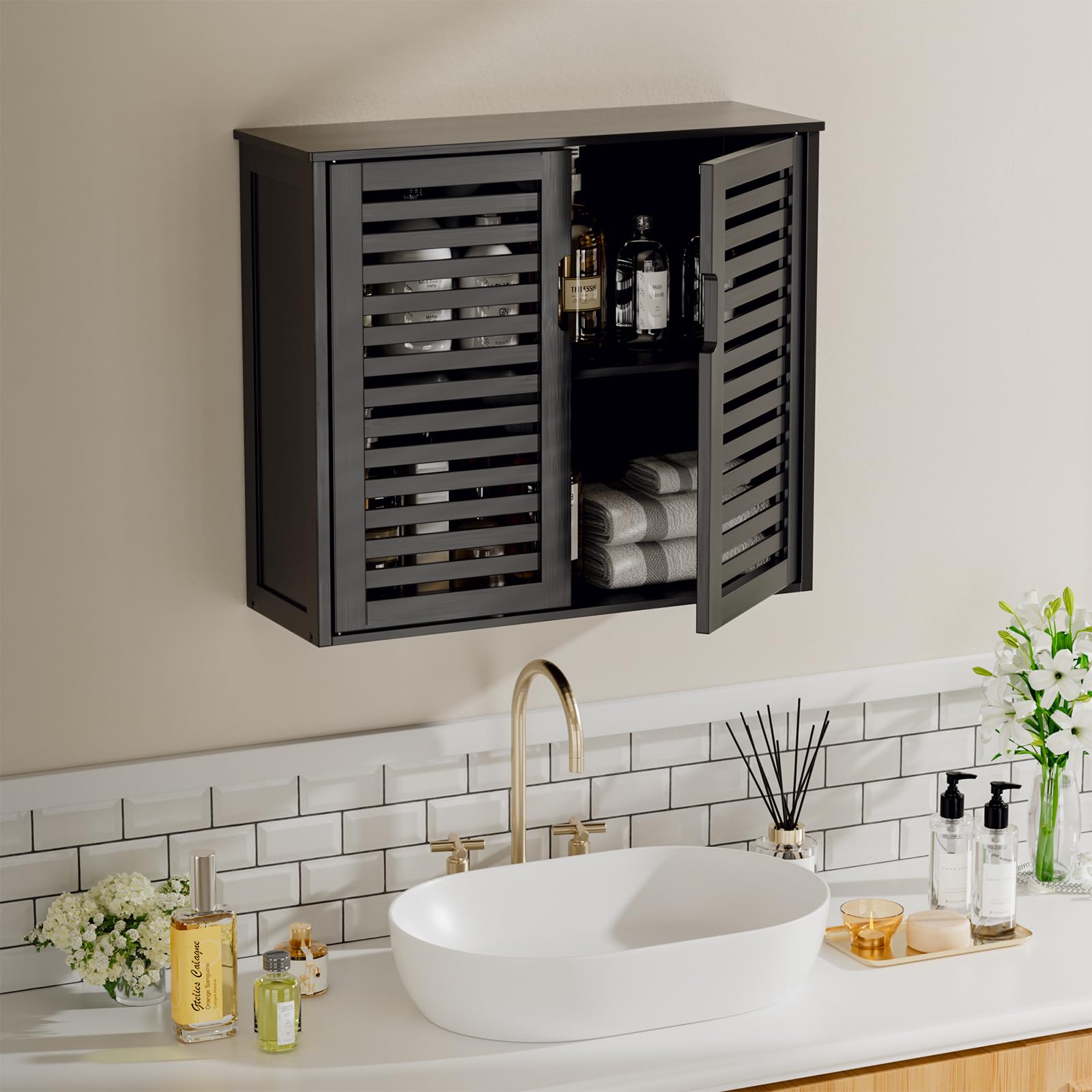 HITNET Black Bathroom Storage Cabinet, Hanging Medicine Cabinet with Adjustable Shelf, Bamboo Over The Toilet Wall Mounted Space Saver Organizer, Double Doors