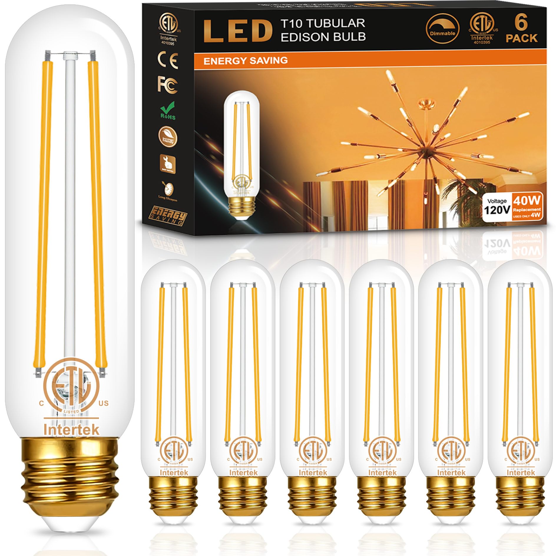 hansang E26 Edison LED Bulb, 40W Equivalent, 3000K Warm White Dimmable Tubular T10 LED Bulb, E26 Base Light Bulbs for Chandelier, Decorative Light Bulbs with Clear Glass, 120V, CRI85+, 400LM, 6 Pack