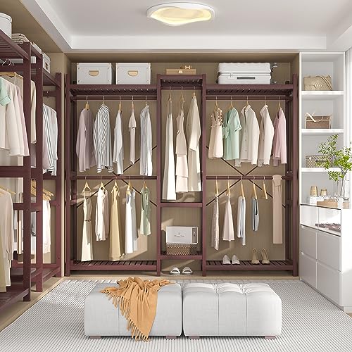 Homykic Bamboo Closet System, Large Clothing Rack Garment Rack for Hanging Clothes, Freestanding Clothes Rack with Shelves and 5 Rods, Stable Open Wardrobe Organizer with 4 Hooks, 70”Wx77”H, Espresso