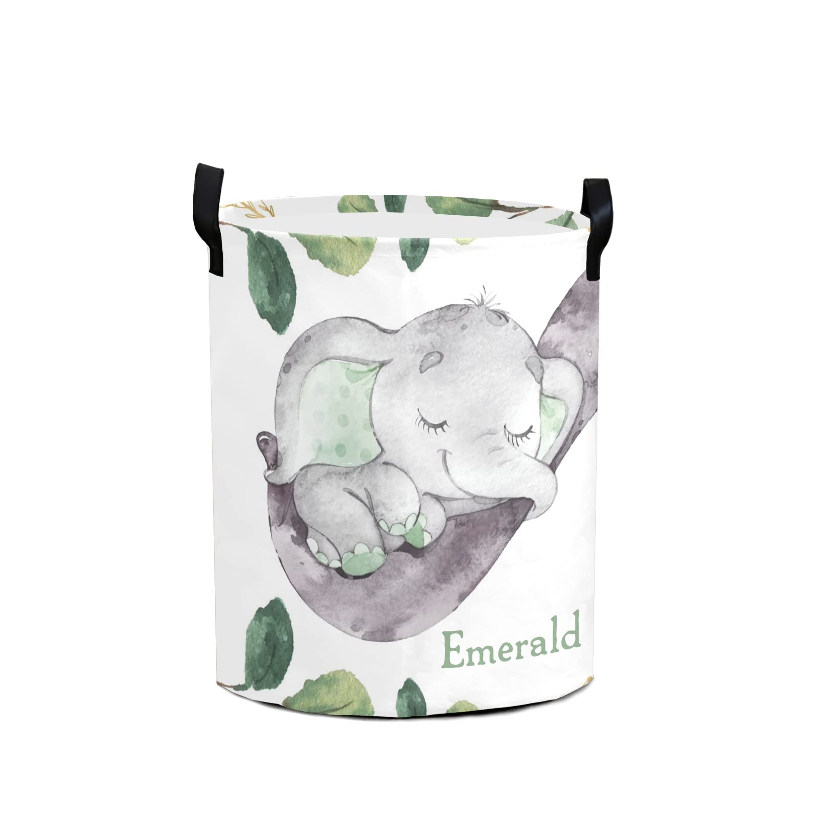 Custom Green Watercolor Elephant Laundry Basket Handles Collapsible Hamper Foldable Storage Bin Living Room Office Bathroom Bedroom