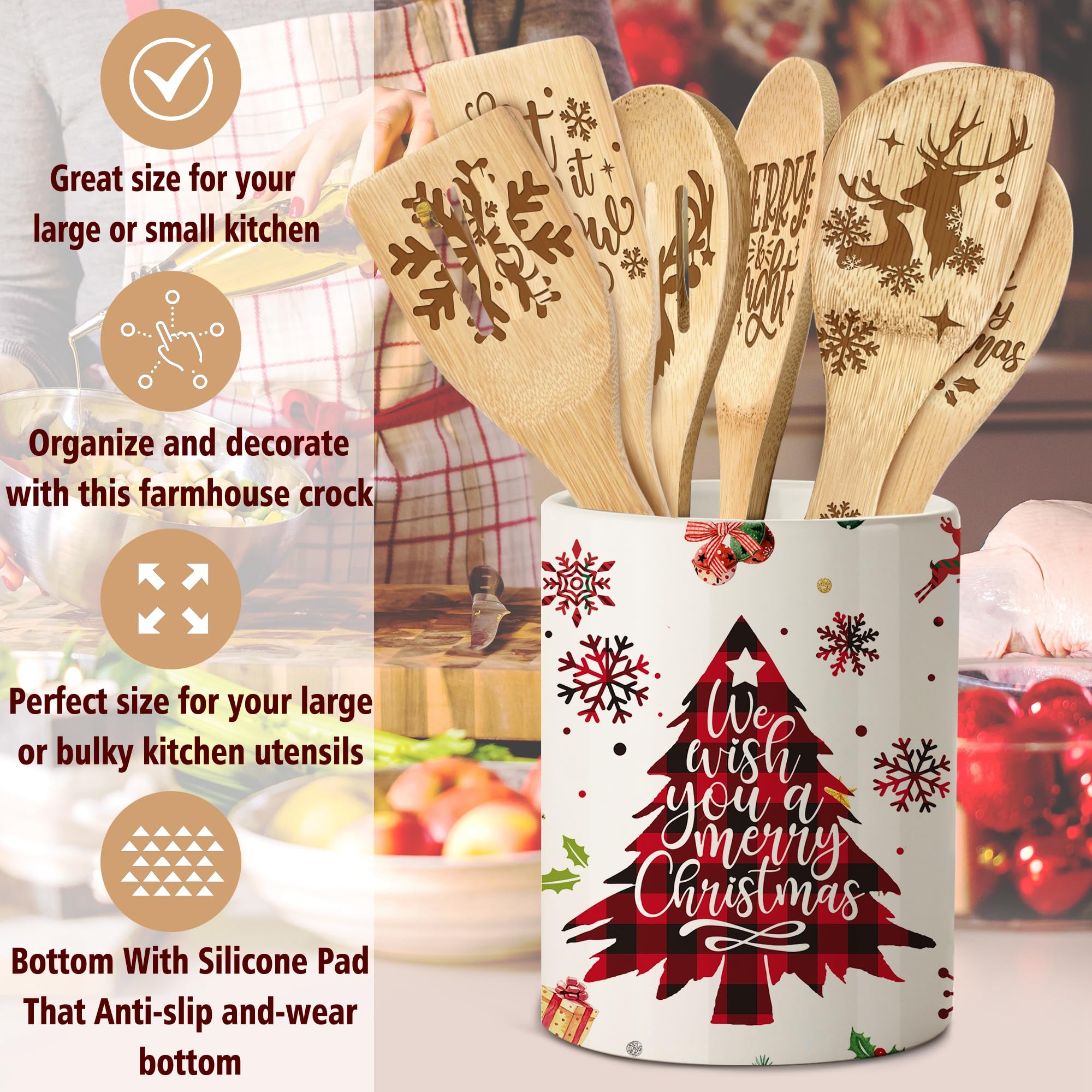 Christmas Decorations, Christmas Utensil Holder for Kitchen Counter, Christmas Tree Indoor Kitchen Decor for Countertop, Kitchen Utensil Organizer with Bamboo Utensils Set(5.12" x 5.12" x 6.3")