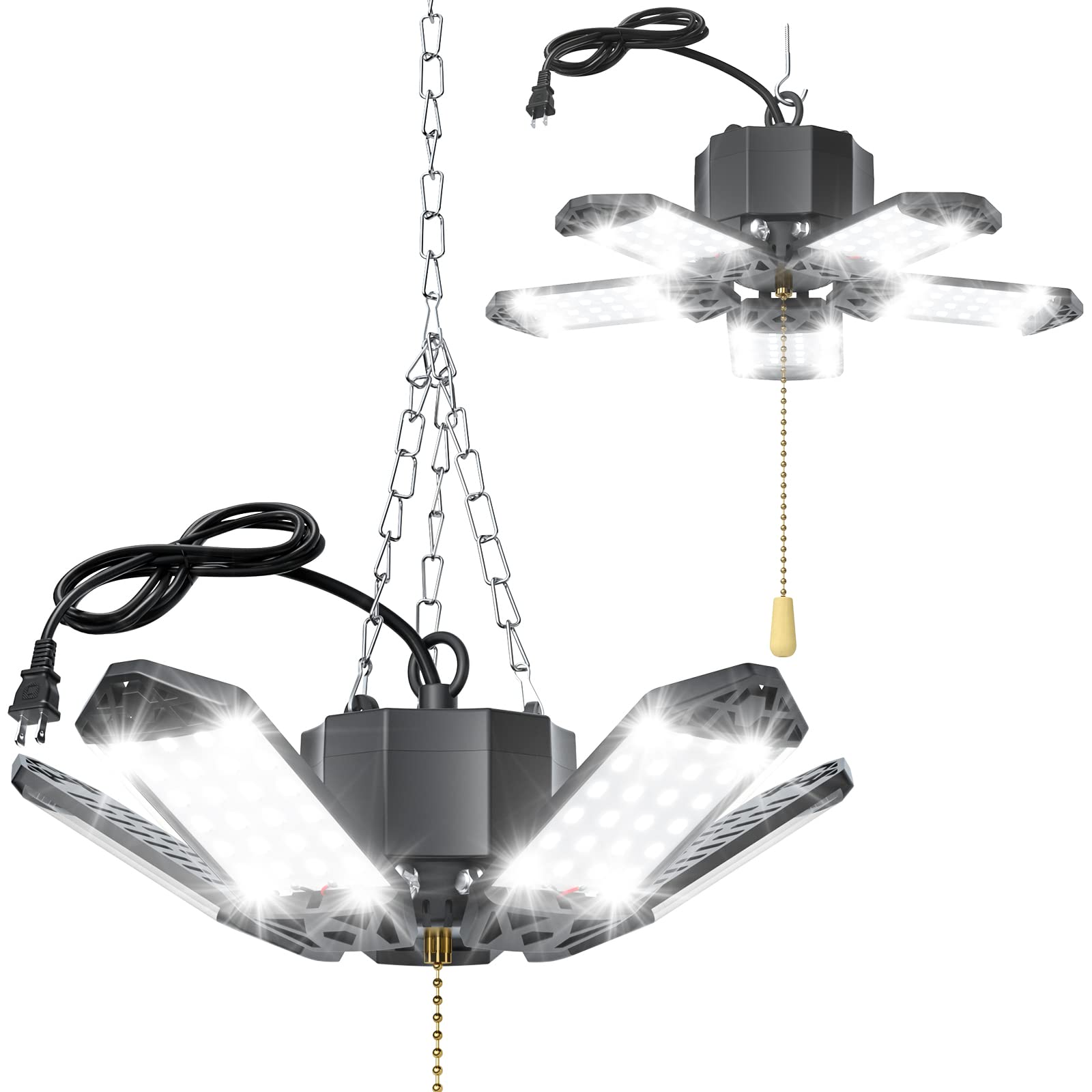 FREELICHT 2 Pack LED Plug in Garage Lights with Pull Chain(ON/Off), 12000LM Deformable Garage Ceiling Light with 5 Panels, 120W Linkable Hanging LED Shop Lights for Garage, Basement, Barn, Warehouse