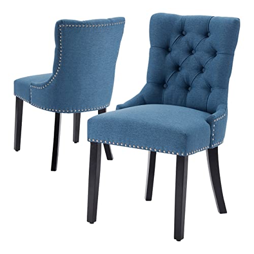 Kingfun Dining Chairs Set of 2, Upholstered Tufted Kitchen&Dining Room Chairs, Modern Accent Chairs Side Chair for Dinner Table/Waiting Room, Padded Nailhead Fabric Parsons Chairs(Solid Wooden, Blue)