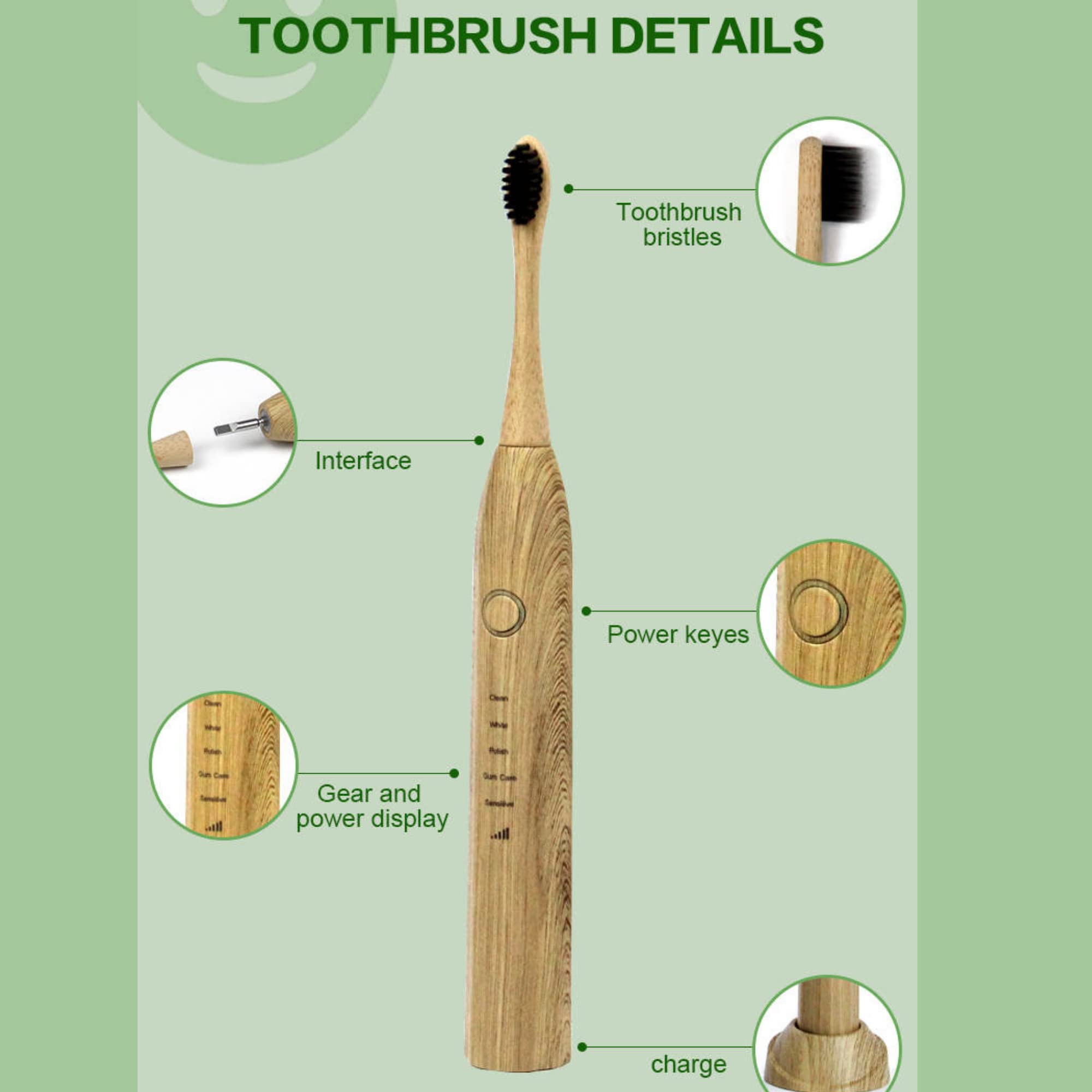 DENTY WHITE Electric Bamboo Toothbrush- Sonic Rechargeable Toothbrush with 3 Replacement Toothbrush Heads