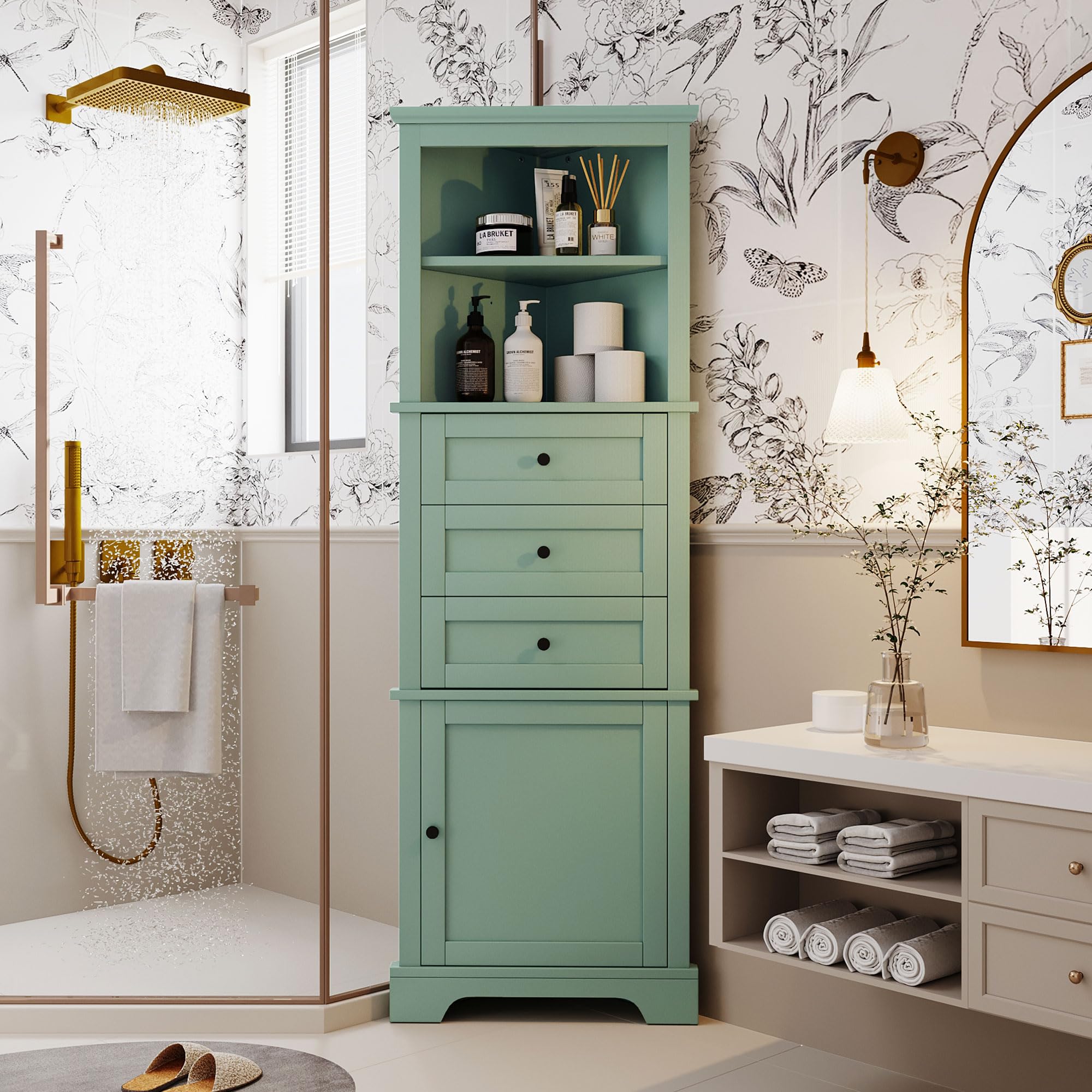 Fuhomtre Triangle Tall Corner Cabinet Drawers and Adjustable Shelves Tall Hutch Corner Bar Cabinet with Door for Kitchen Green