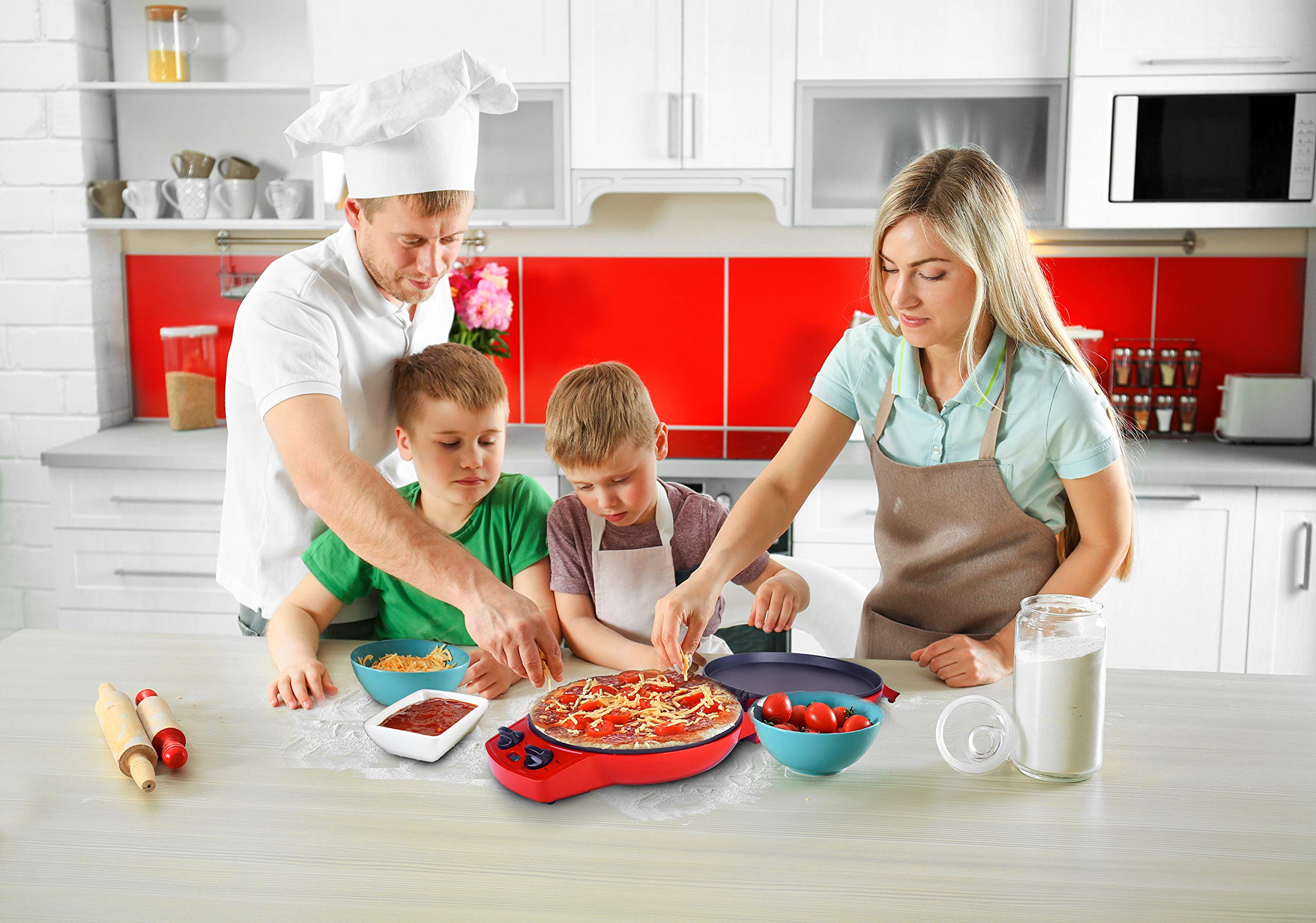 Courant Pizza Maker, 12 Inch Pizza Cooker and Calzone Maker, with Timer &Temperatures control, 1440 Watts Pizza Oven convert to Electric indoor Grill, Red