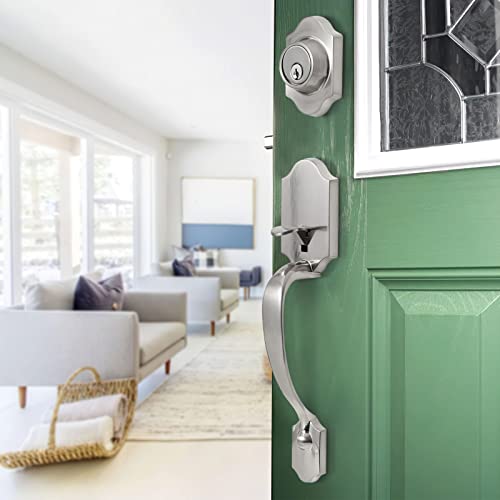 GUA OYH Front Door Handle Satin Nickel Door Lock Set with Single Cylinder Deadbolt and Door Knob Front Entry Handle Set (L36158-S-S121)