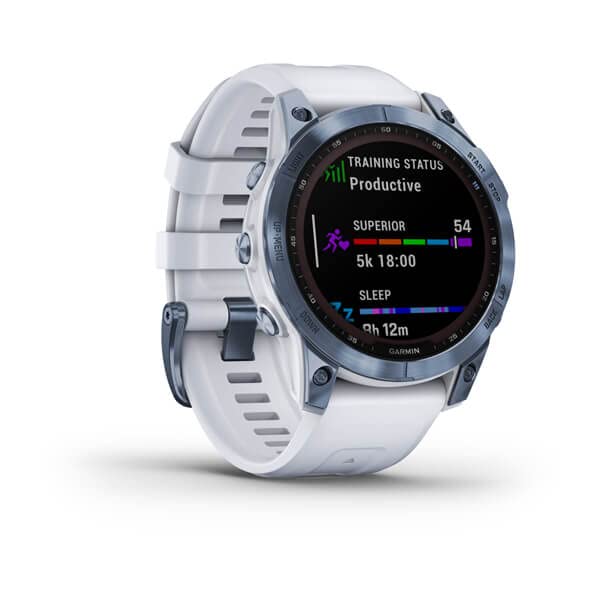 Garmin Fenix 7 Sapphire Solar Edition Smart Watch Mineral Blue Titanium with Whitestone Band (47mm) + Watch Charging Stand + USB Car/Wall Adapter + 6TH AVE Cleaning Kit (010-02540-24)